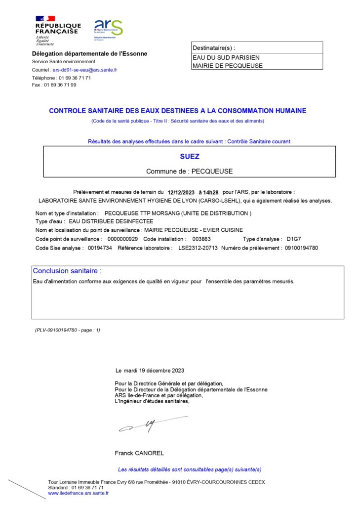 bulletin relatif aux derniers résultats d'analyses du contrôle ...